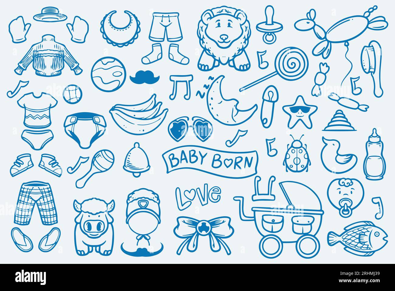 Set of blue doodle element new baby born drawing on white background ...