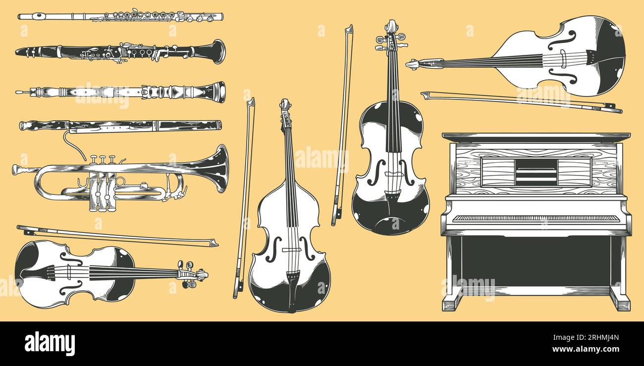set doodle classical instrument music drawings, hand drawn doodle ...