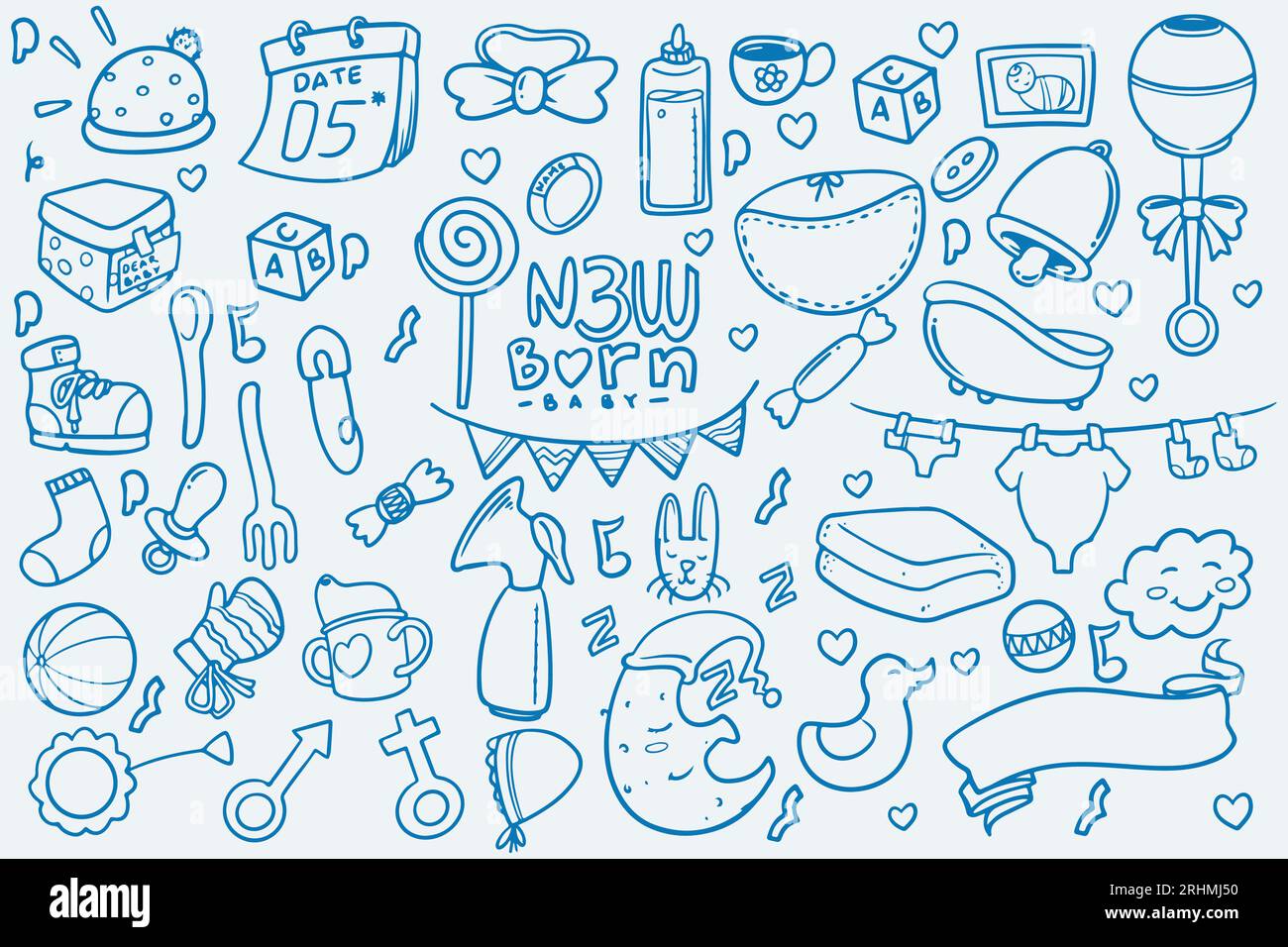 Set of blue doodle element new baby born drawing on white background ...