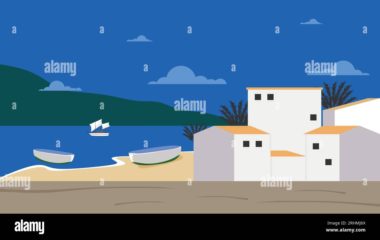 Colorful Spanish Village on the Coast Vector Illustration Stock Vector ...