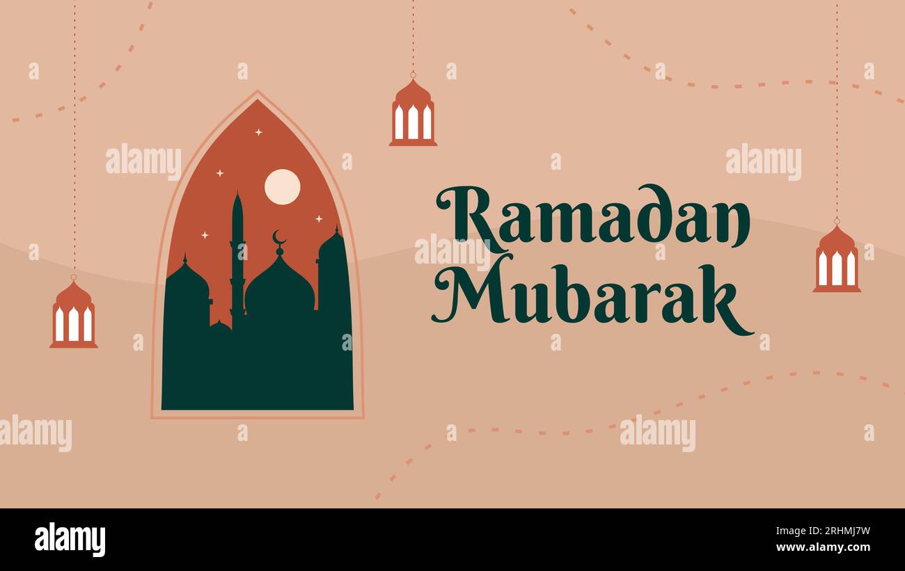 Ramadan mubarak banner background with window, moon, mosque and ...
