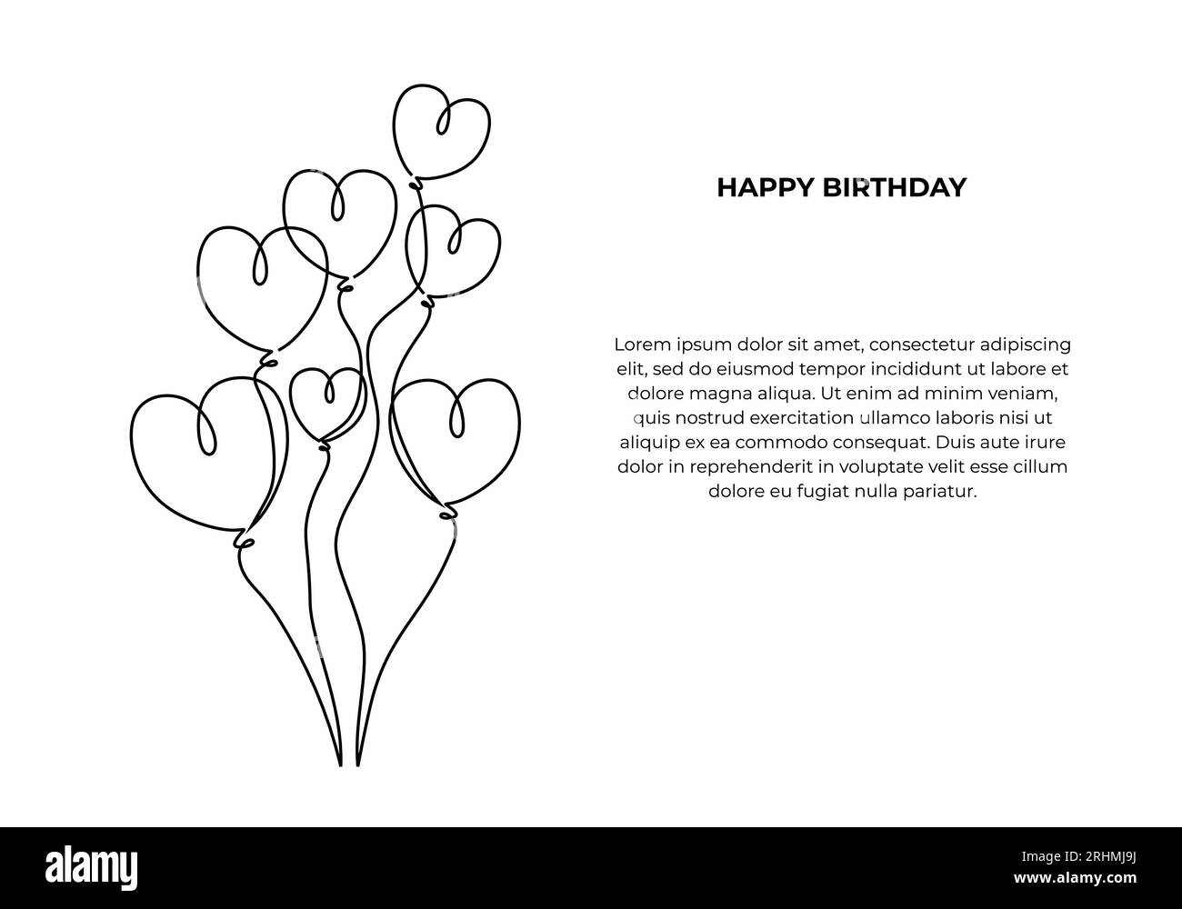 Birthday balloons one line drawing, vector illustration of heart ...