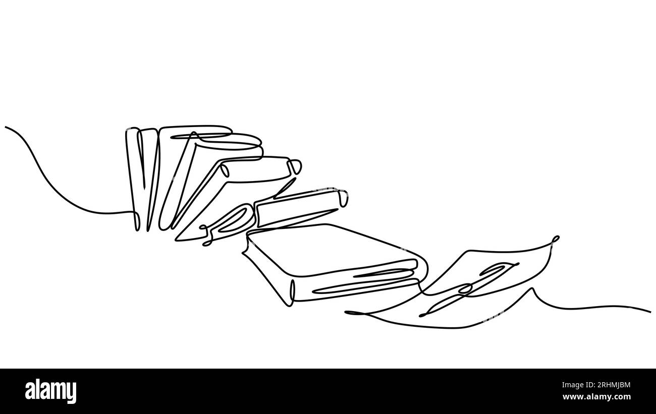 Book line drawing, continuous stack of books with pen and paper for ...