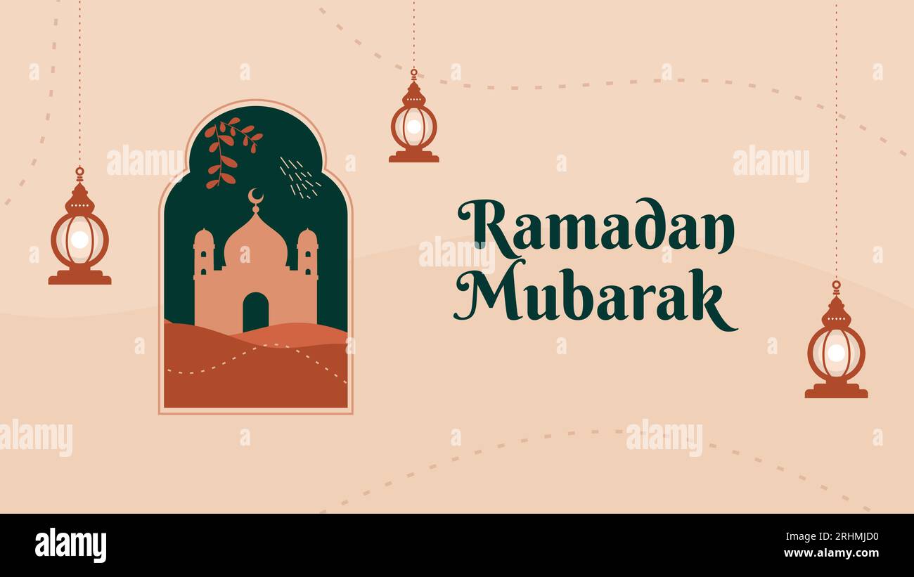 Ramadan mubarak banner background with window, mosque and lanterns ...