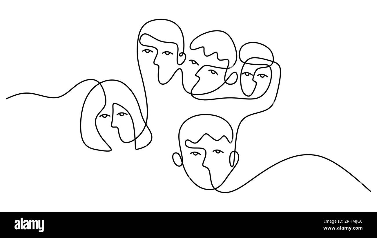 Hand drawing one continuous single line of five abstract faces group ...