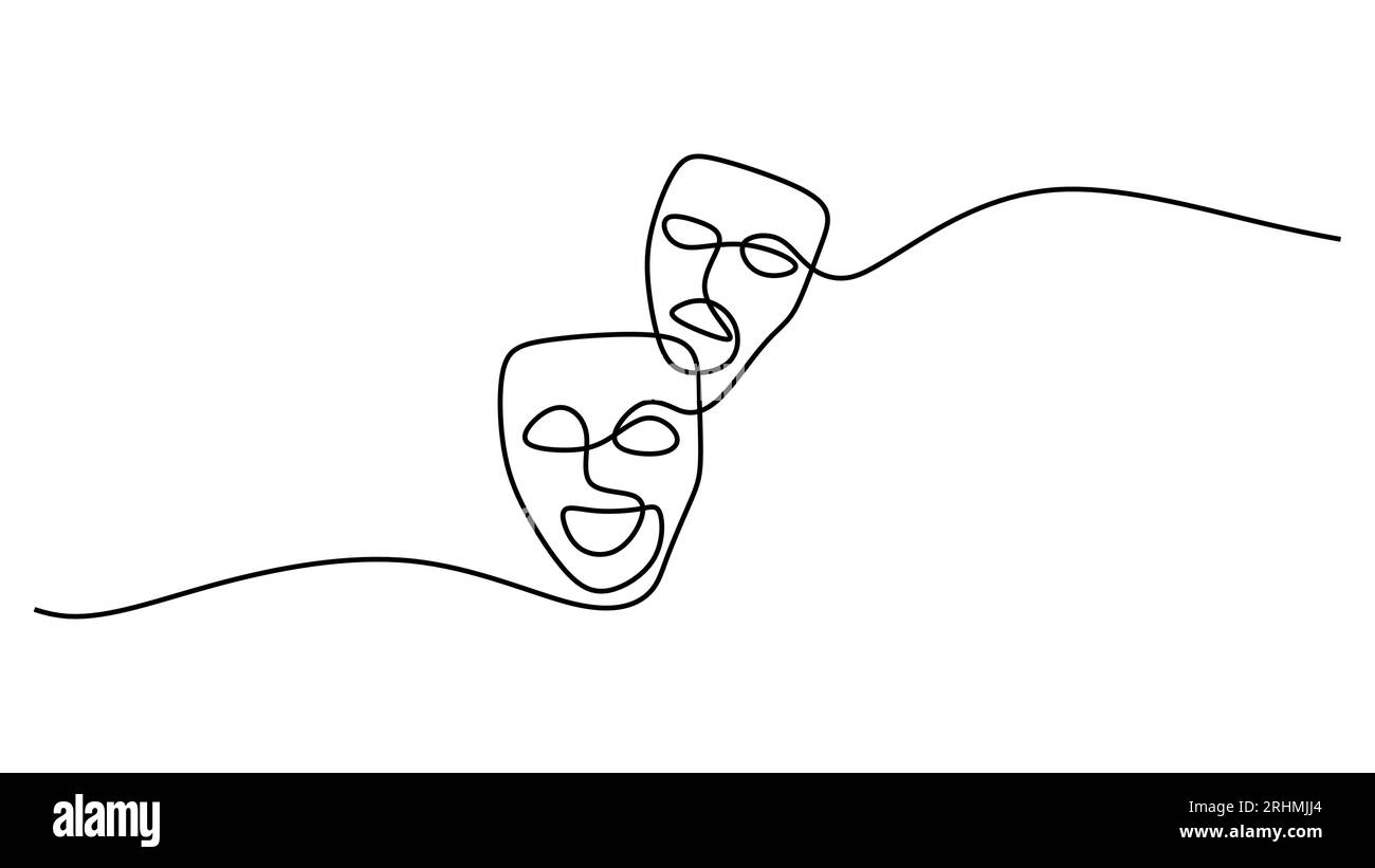 Greek mask one line drawing, opera event symbols continuous hand drawn ...