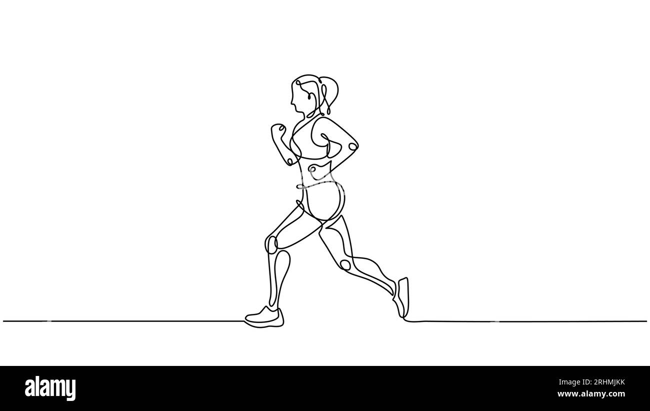 Runner One Line Drawing Continuous Single Hand Drawn Sketch Woman Run On The Road Girl Doing