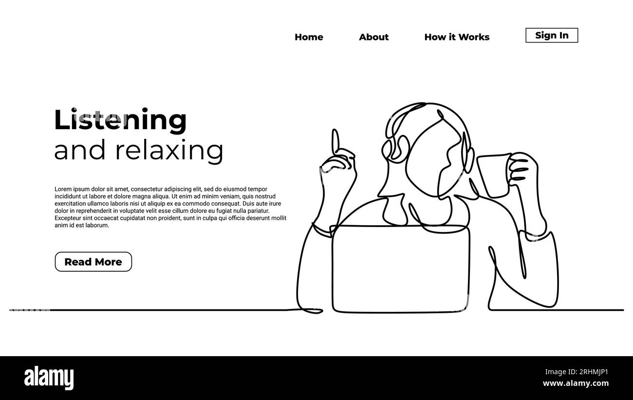 Listening and relaxing one continuous line drawing, Fun woman with ...