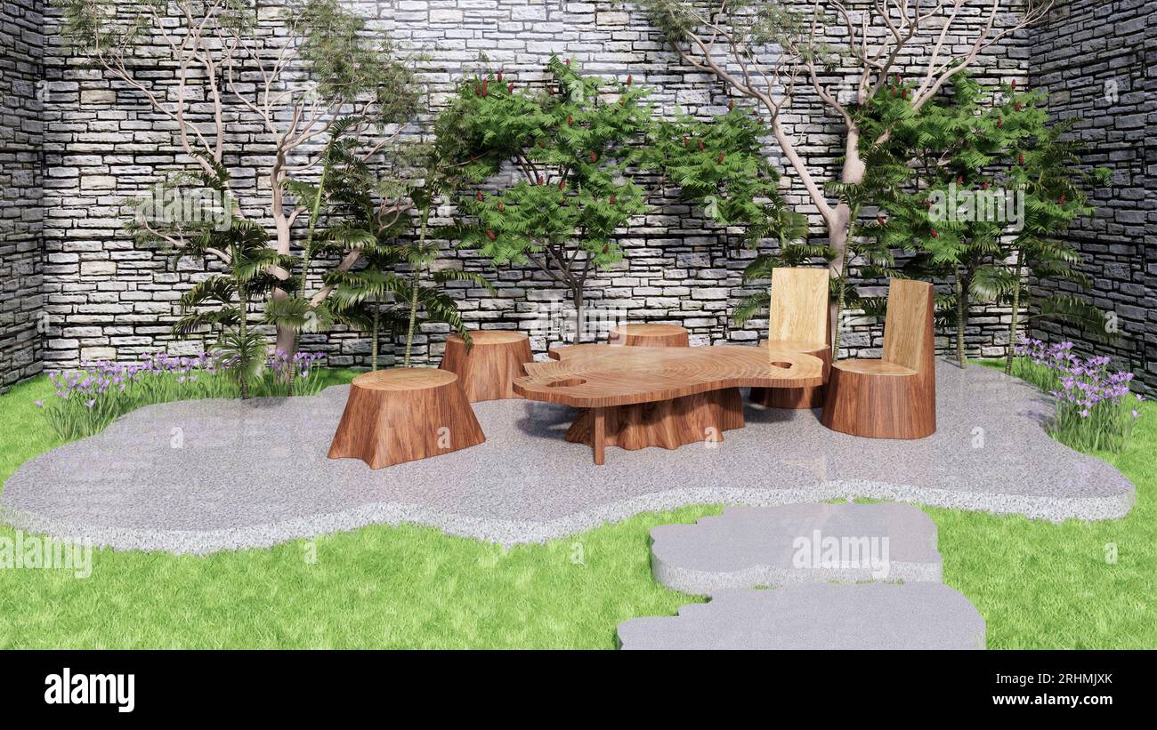 garden with natural wooden chair and table and tropical tree Stock ...