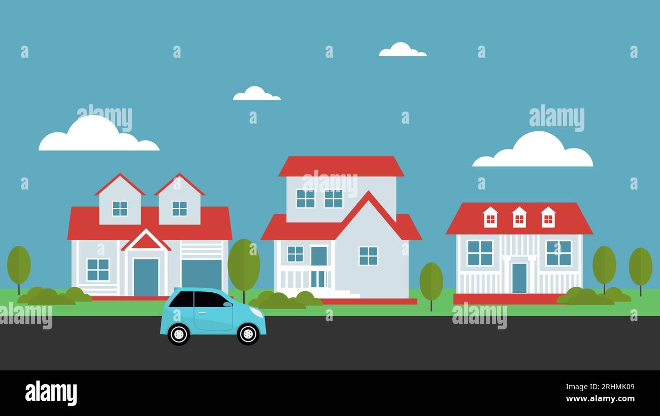 Suburban neighborhood houses landscape, vector illustration small town ...