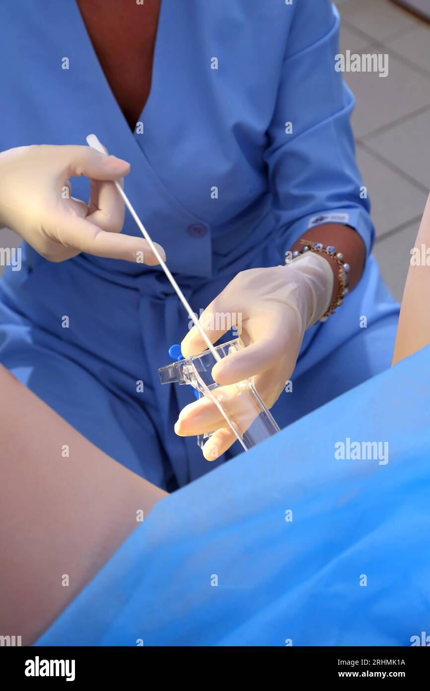 Pipelle biopsy procedure. The gynecologist performs a pipelle biopsy ...