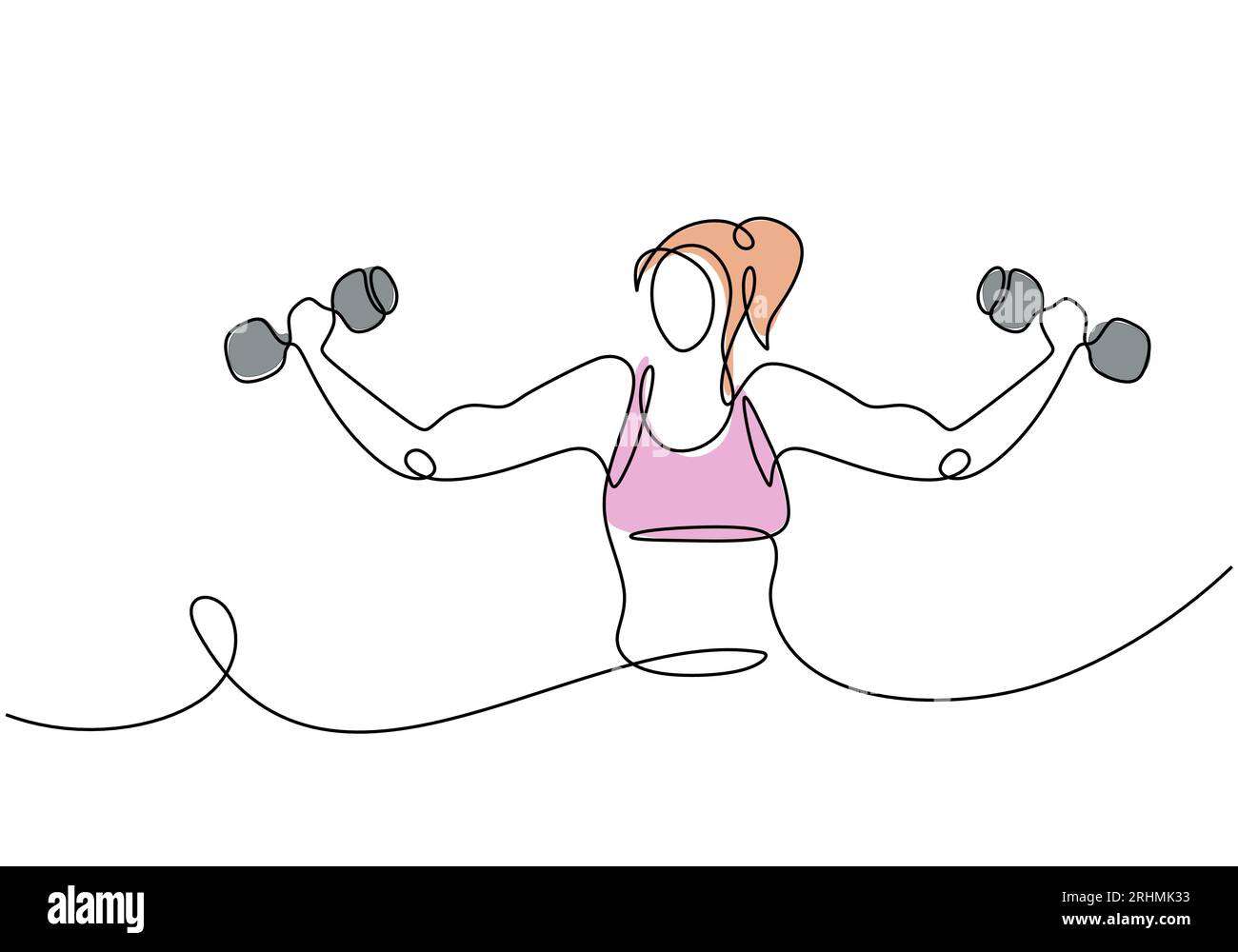 Woman exercise with dumbbell. single one line drawing. Two hands ... Woman exercise with dumbbell. single one line drawing. Two hands ...