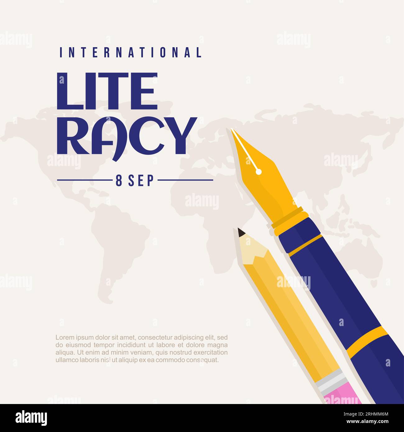 International literacy day banner with ink pen and pencil on earth map ...