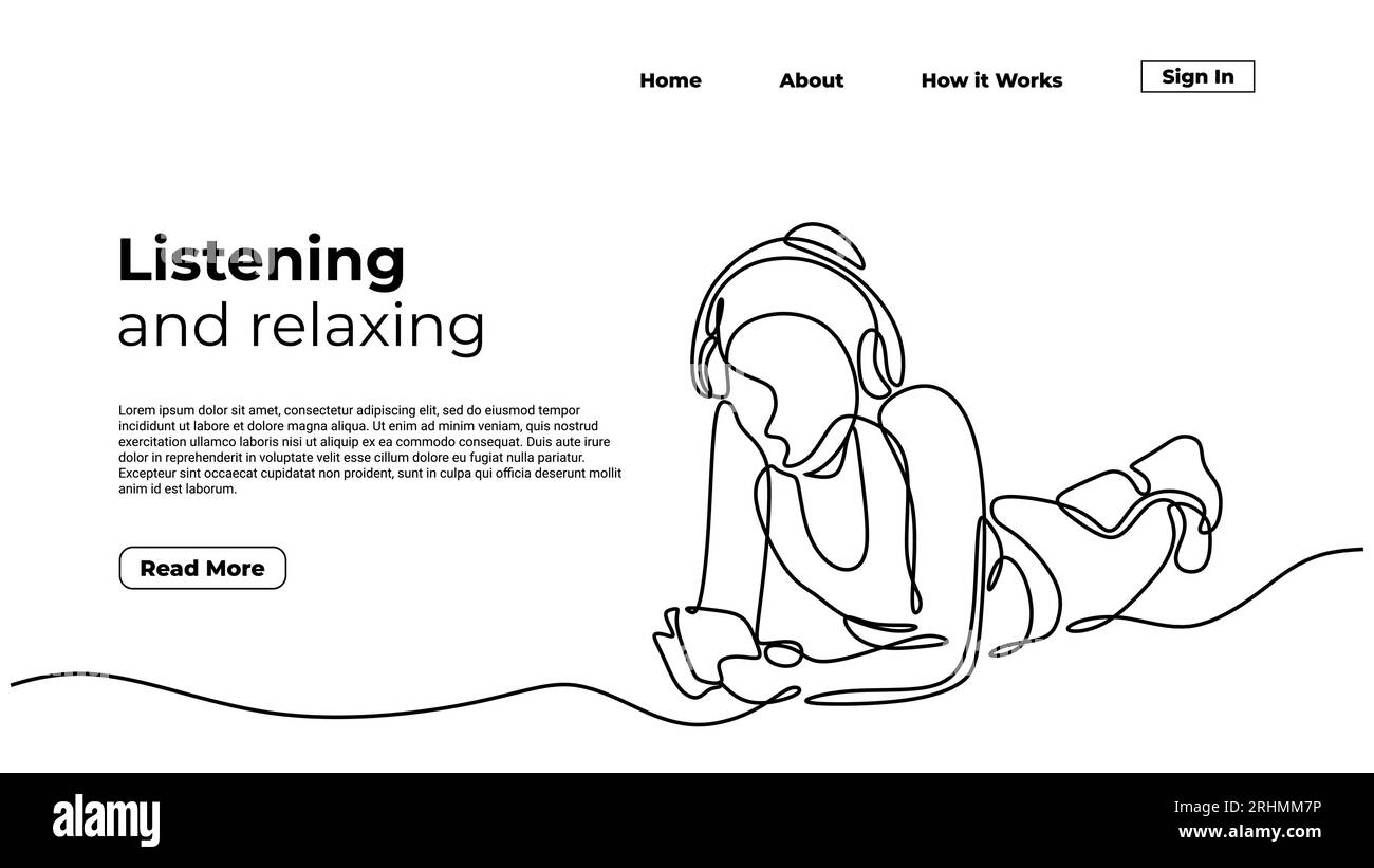 Continuous line drawing woman listen to music. Landing page template of ...