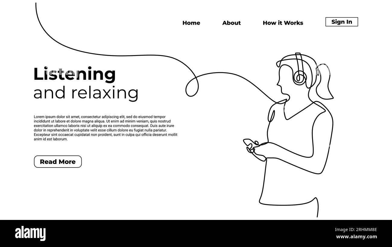 Continuous line drawing woman listen to music. Landing page template of ...