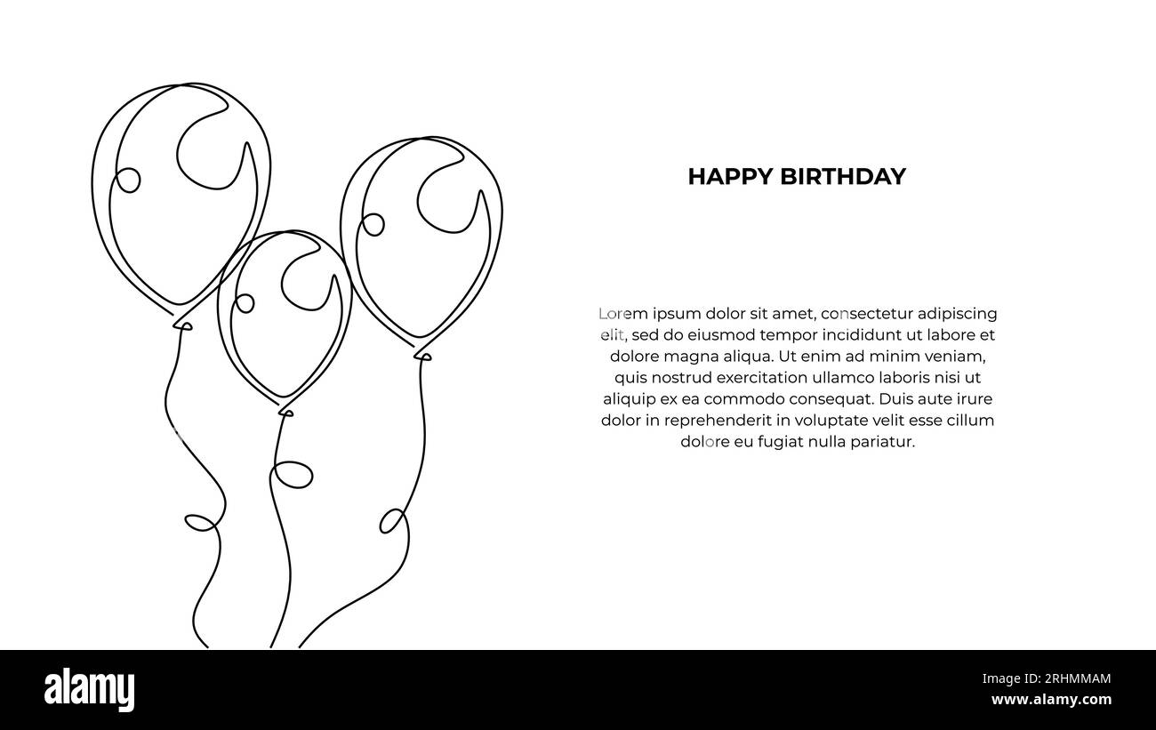 Birthday balloons flying one line drawing, continuous hand drawn ...