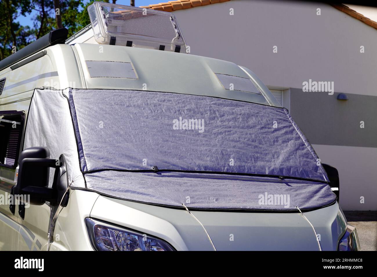 Motorhome with thermal screen blind windshield cover grey Stock Photo ...