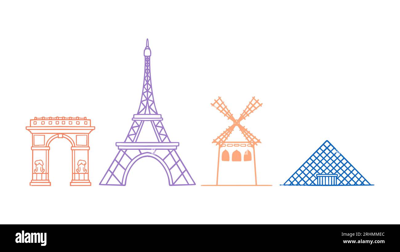 Travel France famous building set drawing. Arch de Triomphe and eifel ...