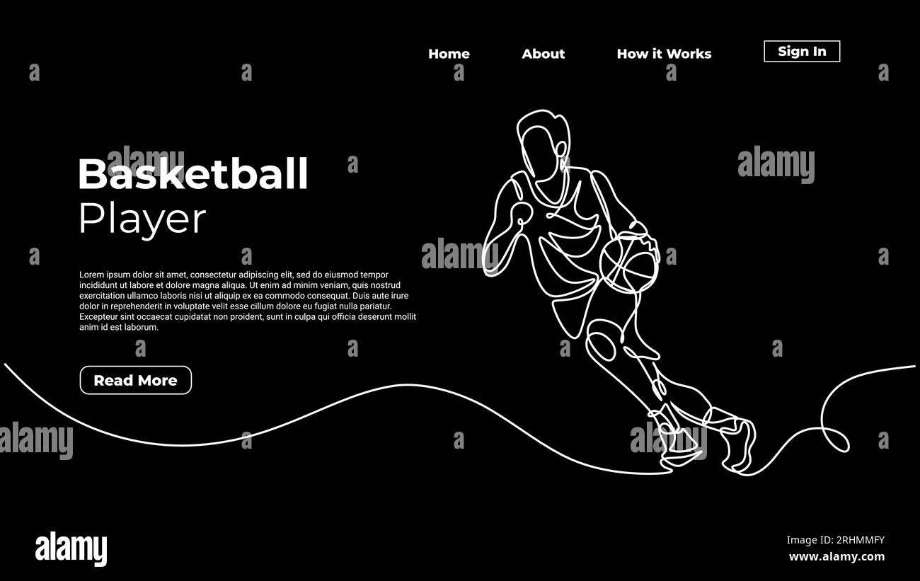 One line drawing basketball player, dribbling a ball to basket ...