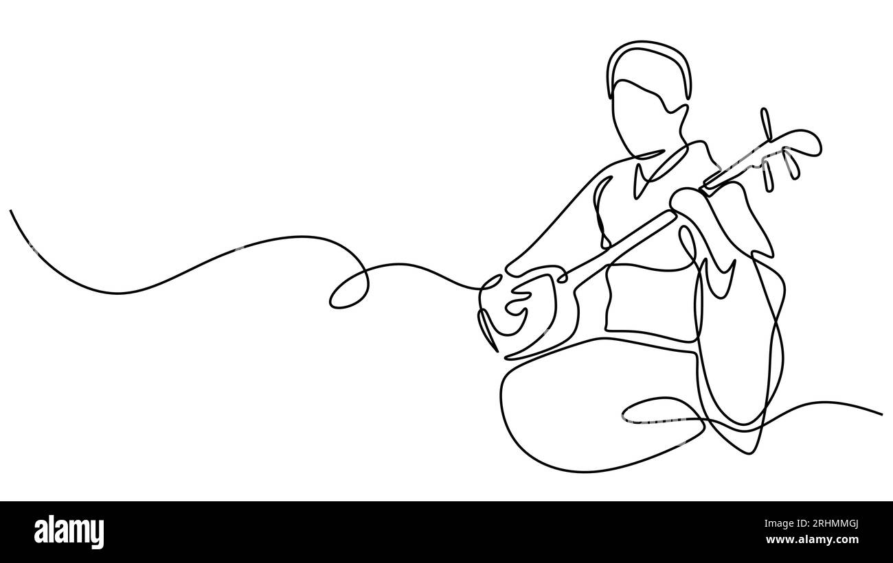 Japanese traditional music, continuous one line drawing. Woman playing ...