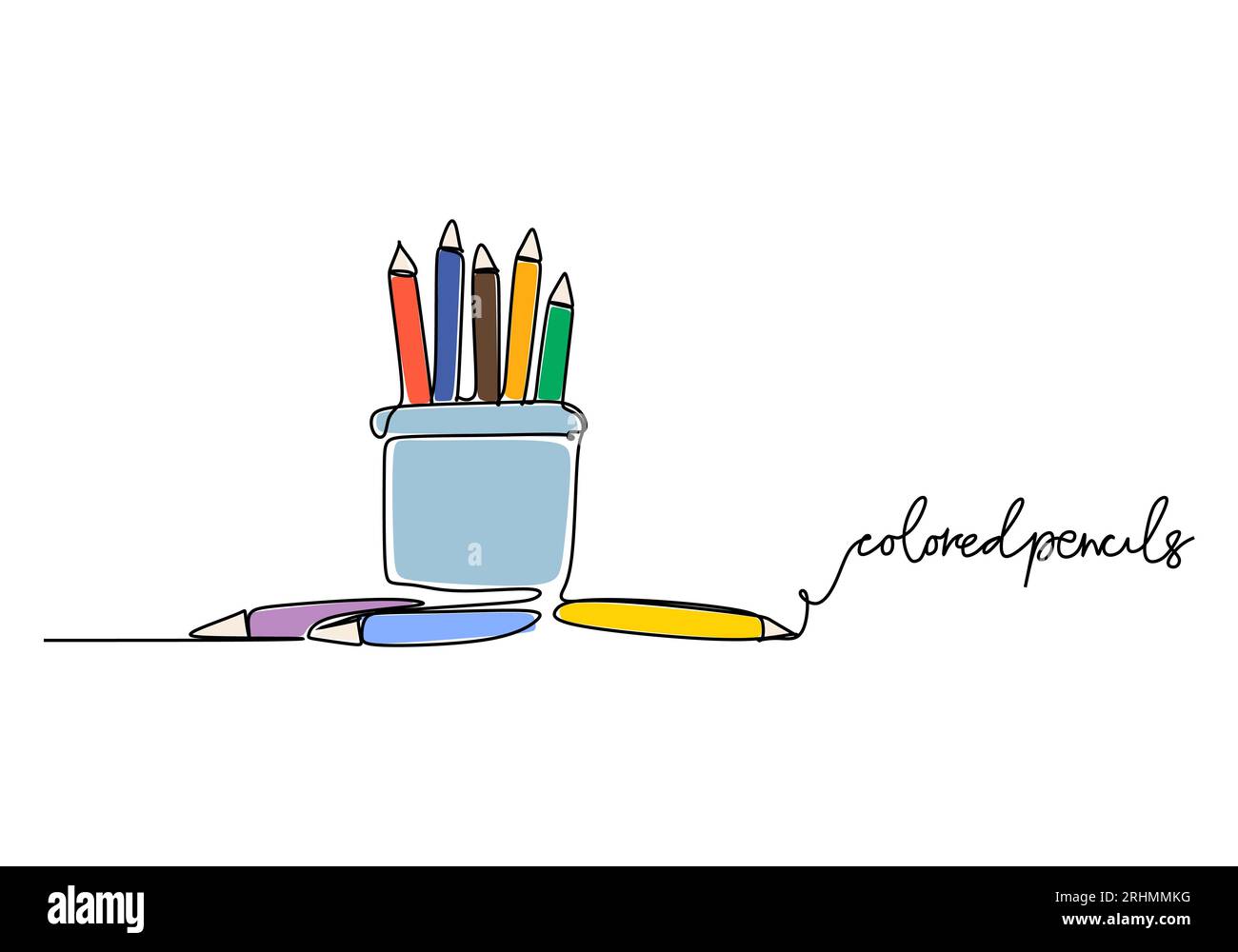 Colored pencils - School education object, one line drawing continuous design, vector ...