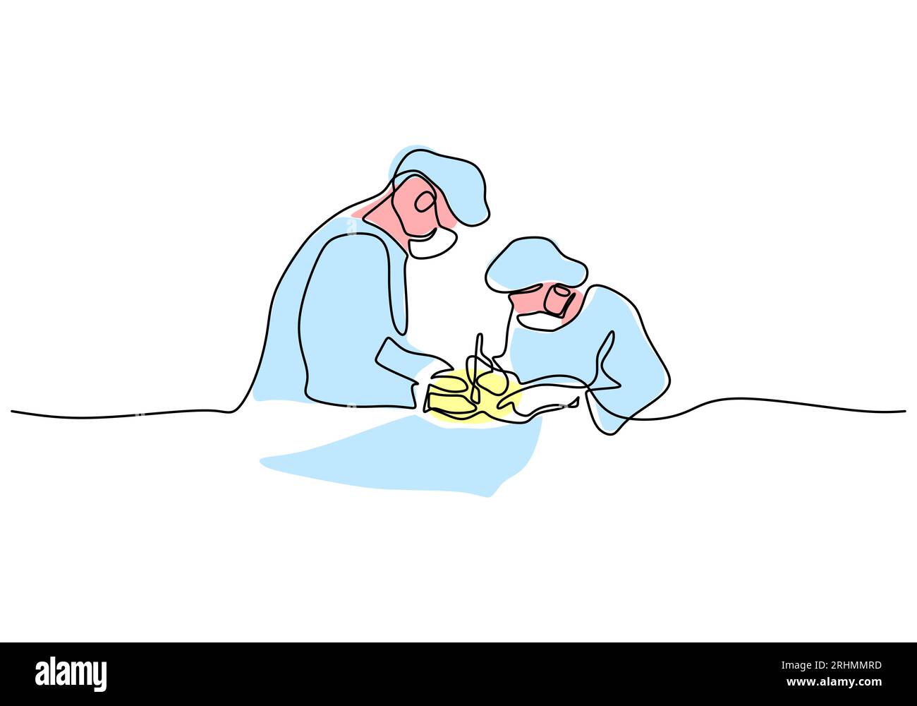 One continuous single line drawing of doctor and nurse do surgery ...
