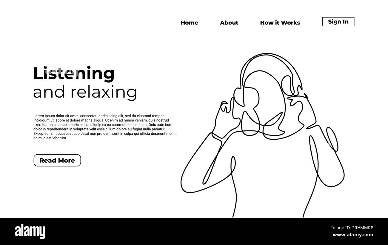Happy woman listening music, continuous one line drawing. Vector ...