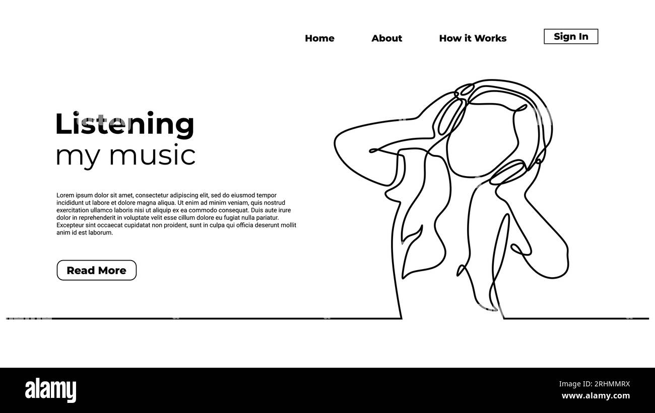 Woman listening music, continuous one line drawing. Vector illustration ...