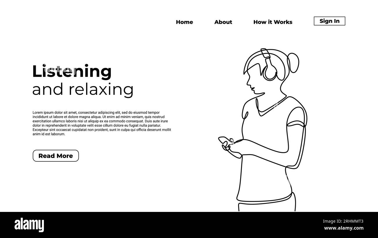 Continuous line drawing woman listen to music. Landing page template of ...