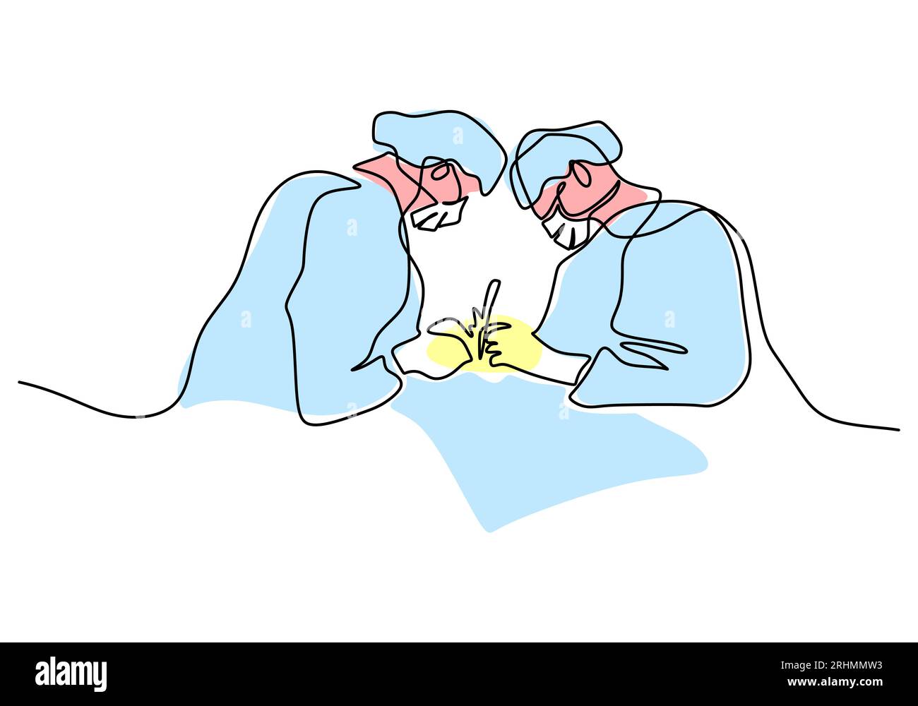 One continuous single line drawing of doctor and nurse do surgery ...