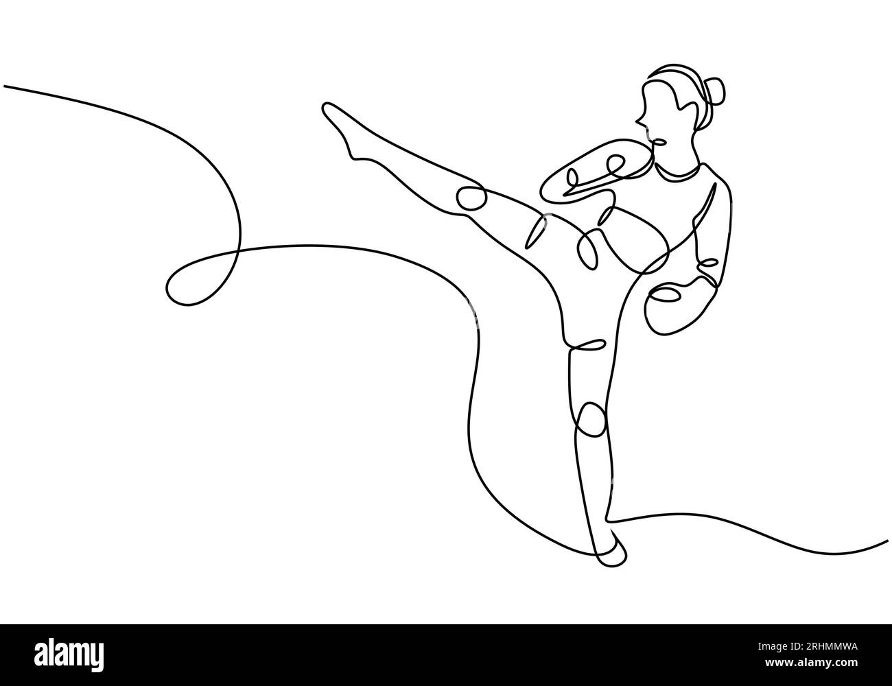 Boxer one line drawing, girl fighter kick training continuous hand ...