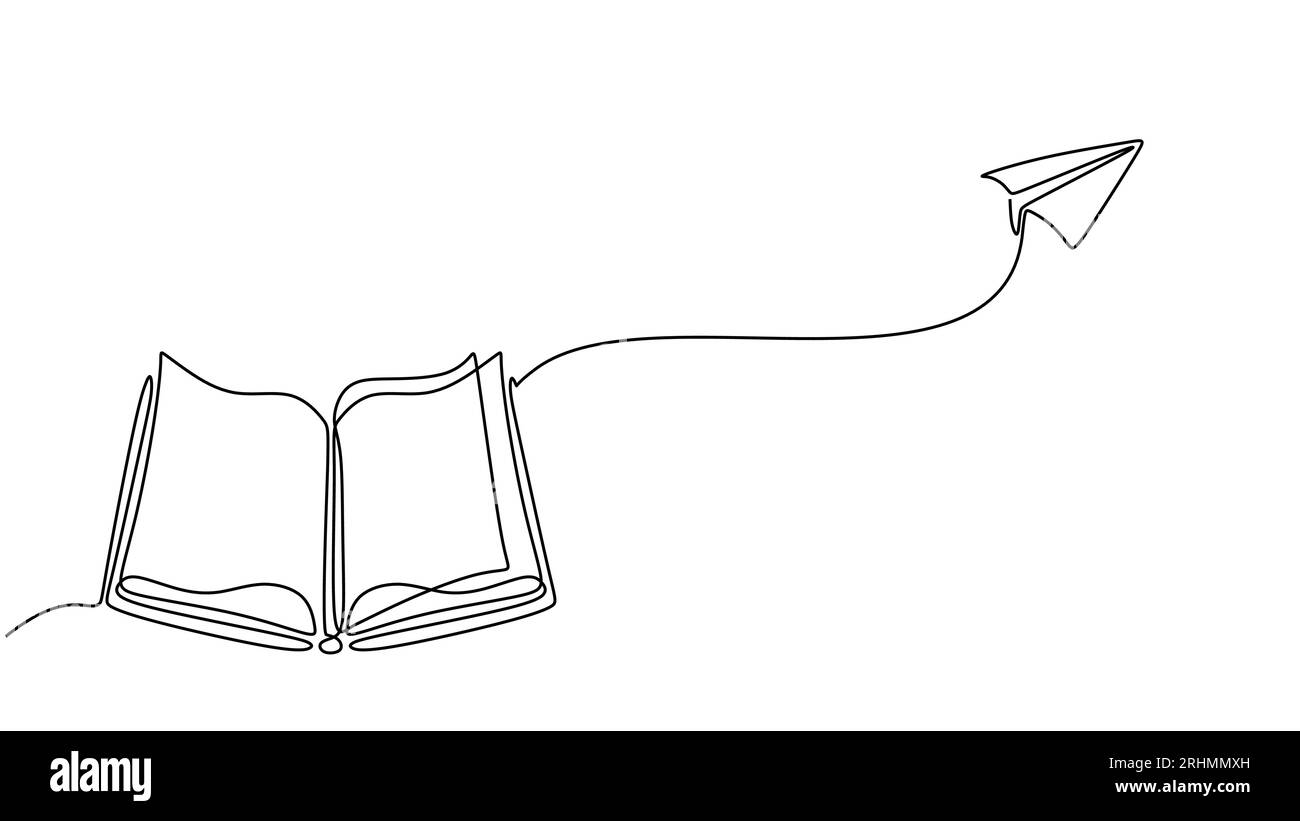 Book and flying paper plane continuous one line drawing. Hand drawn ...