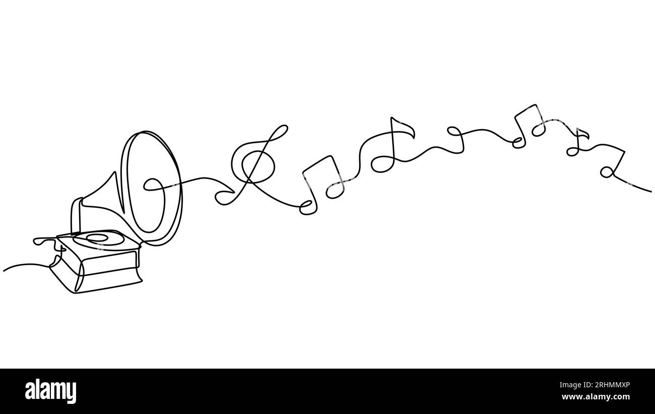 Music notes symbols with gramophone. One continuous hand drawn isolated ...