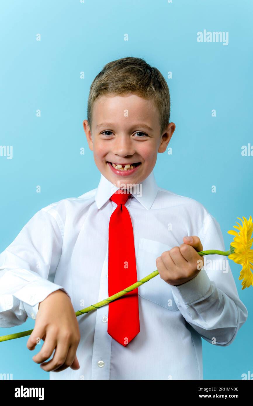 a happy first grader in a white shirt holds a flower in his hands and ...