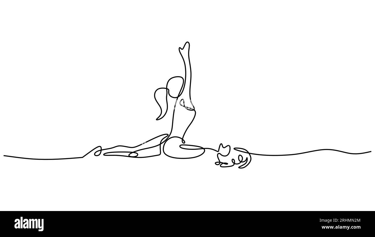 Cat yoga women, continuous line art drawing. Single sketch artwork with ...