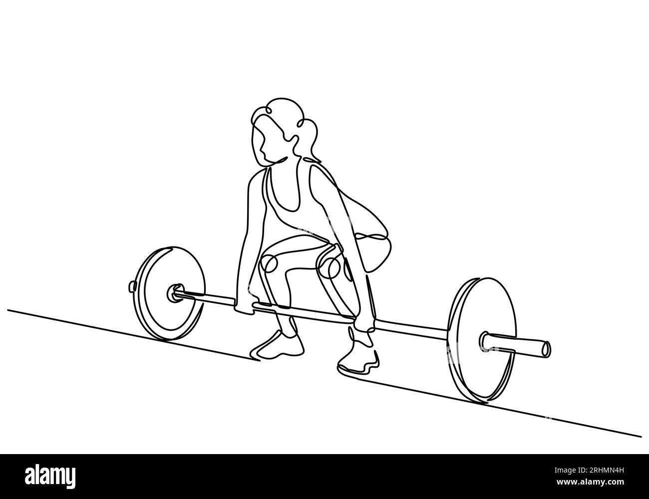 Weight training drawing of woman muscle vector. Female holding barbell continuous one line ...