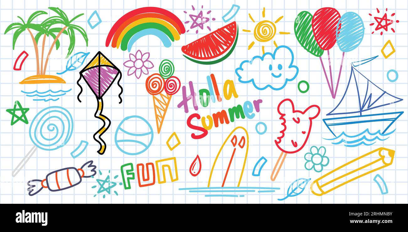 Summer funny hand drawn symbols vector set. Fruits, ice cream, sun ...