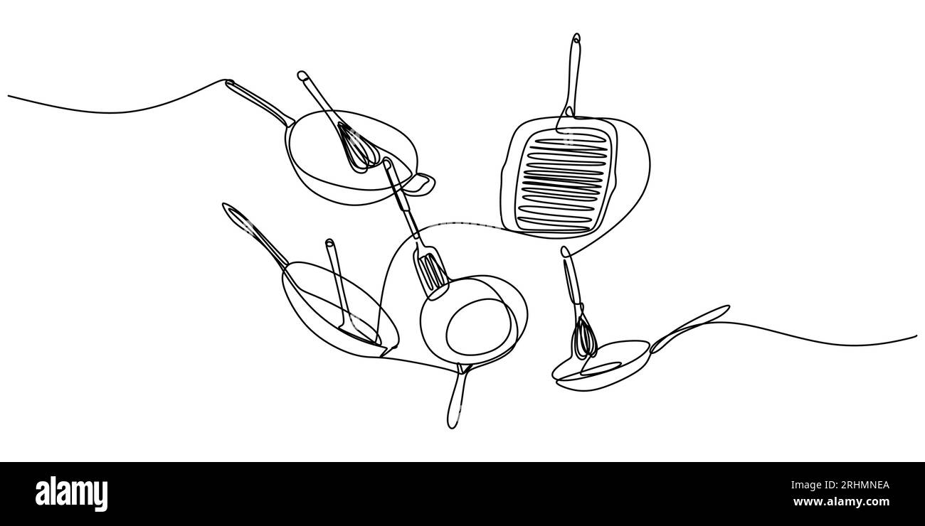 Continuous single one line of Cooking utensils like pot, knife, spatula ...