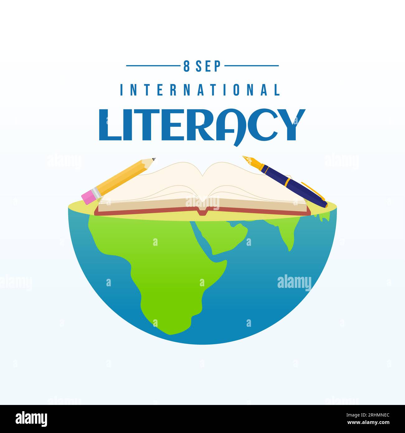 International literacy day banner with open book, ink pen and pencil on ...