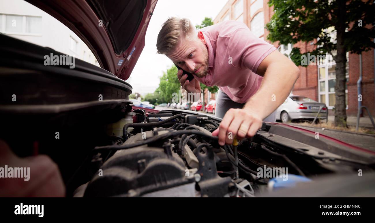 Car Breakdown. Man On Mobile Phone Calling Vehicle Service Stock Photo ...