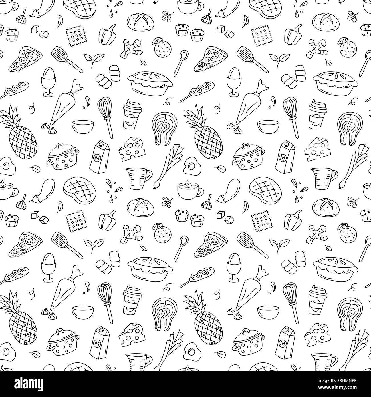 Cooking doodle black and white seamless pattern. Kitchen elements vector background. Cute repeat ...