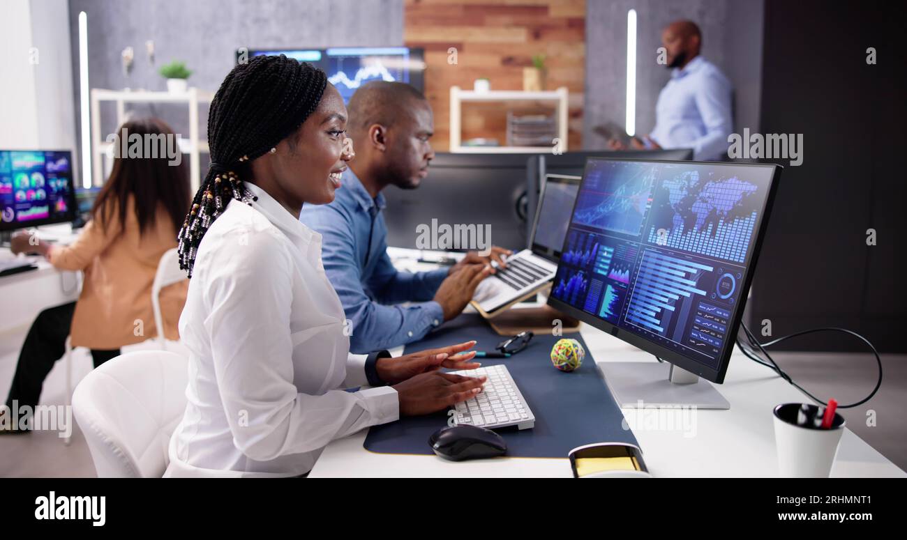 African Financial Data Analysts Using Performance Dashboard On Screens ...