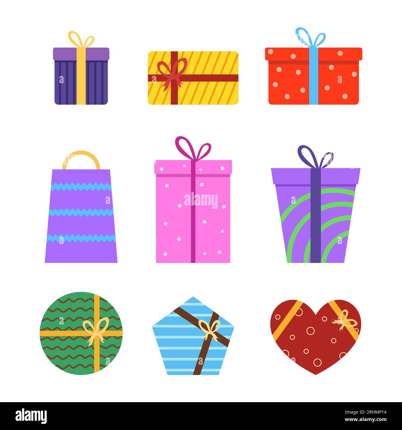 Nine birthday gift set colorful objects in flat elements style isolated ...