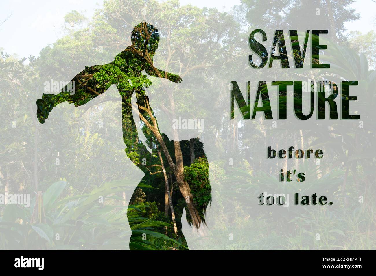 Silhouettes of mother and child on the background of the forest ...