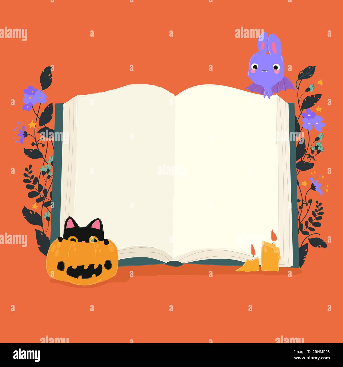 Cartoon Halloween Illustration with Big Book, Pumpkin, Black Cat and ...