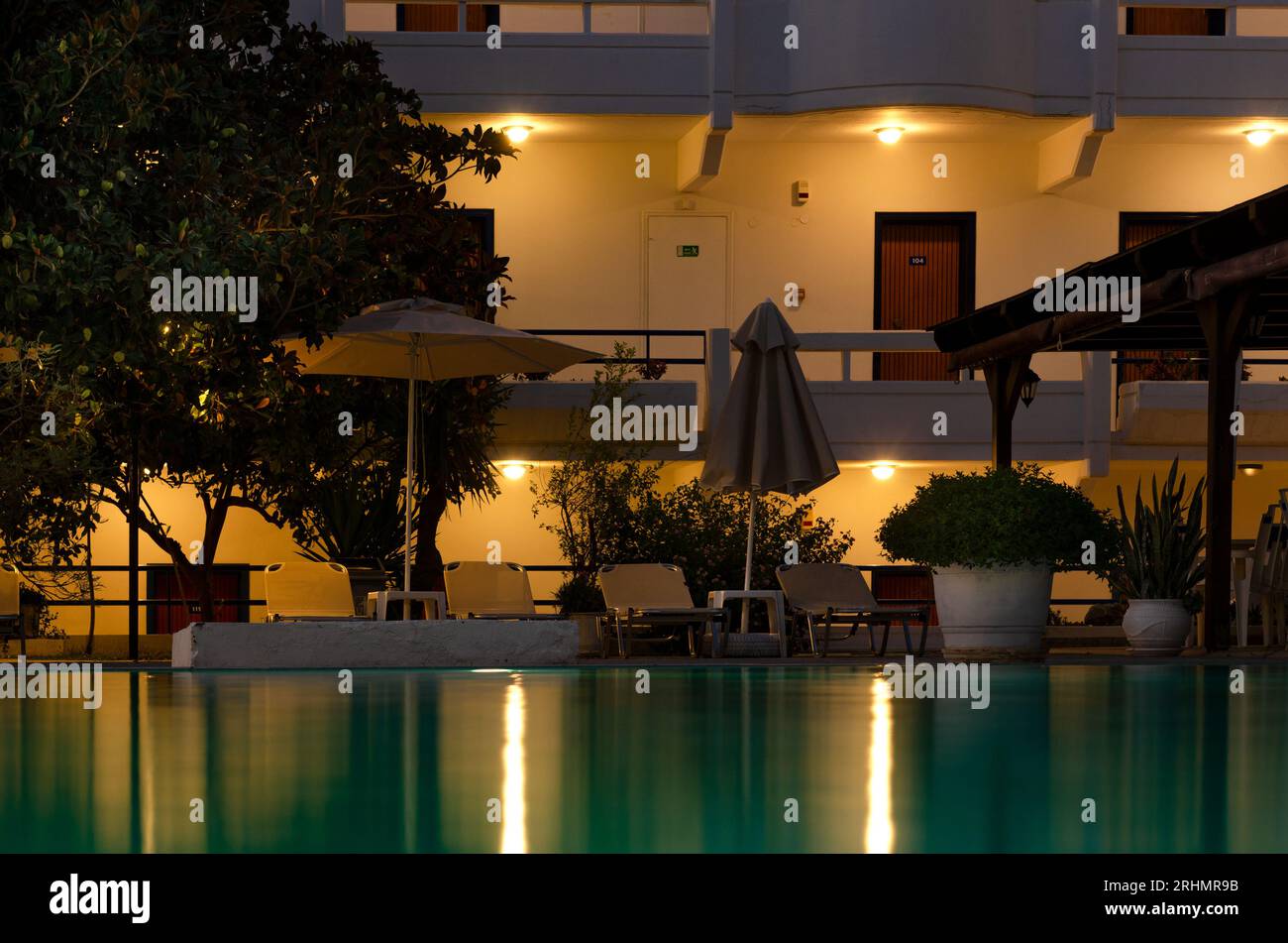 Pool area in hotel on the Mediterranean Sea in Rhodes Stock Photo - Alamy