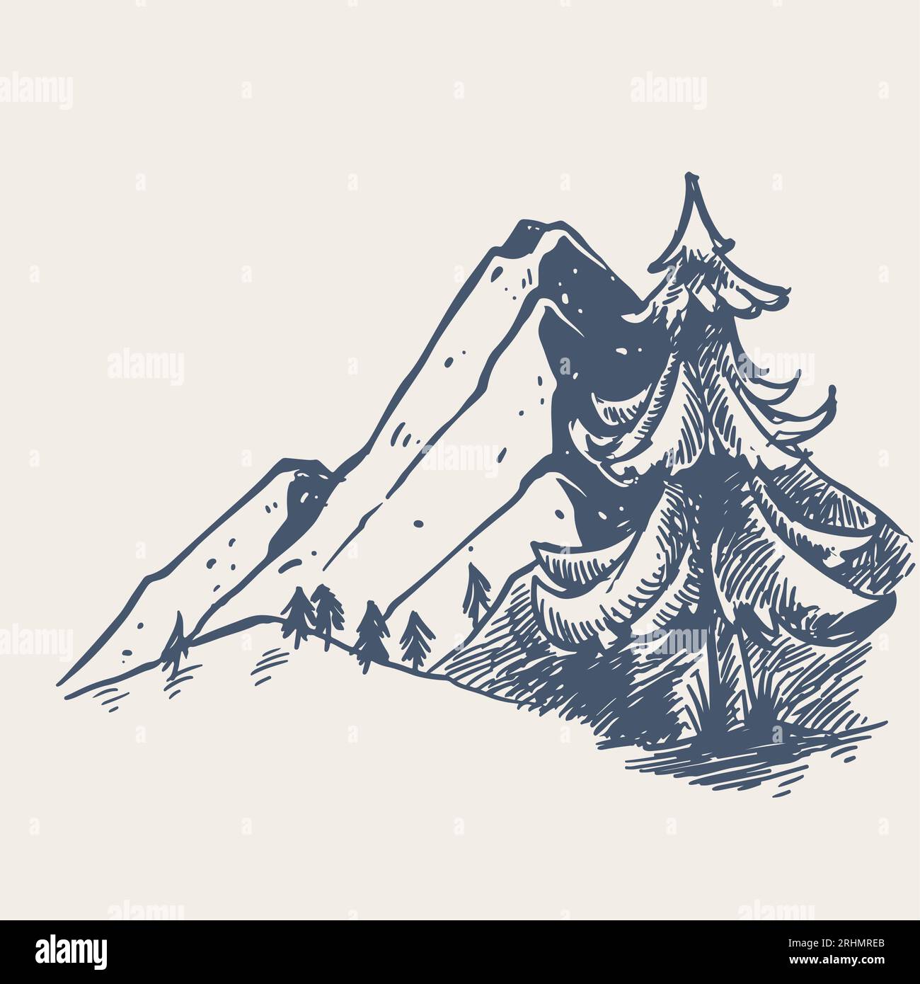 Sketch of Mountain with big pine tree. Hand drawn vector landscape with ...