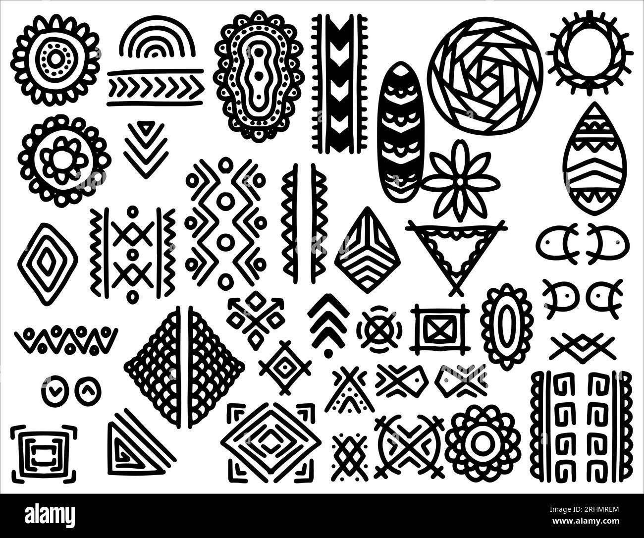 ethnic tribal hand drawn elements set in black white style. Abstract ...