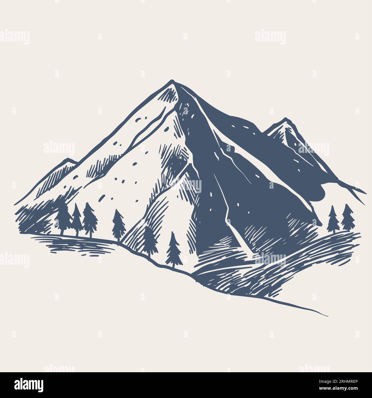 Hand drawn of Mountain with pine trees and black landscape on white ...