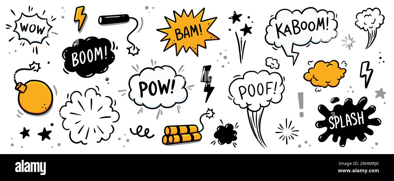 Comic bomb boom vector element. Hand drawn cartoon explosion bomb ...